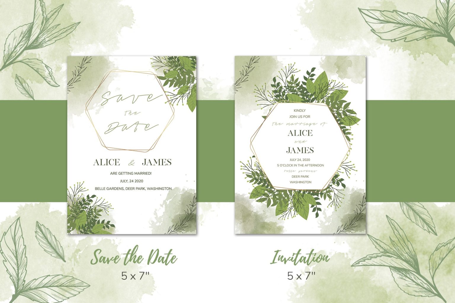 Green Floral Wedding Invitation Set - Invitation Templates - Graphicfy