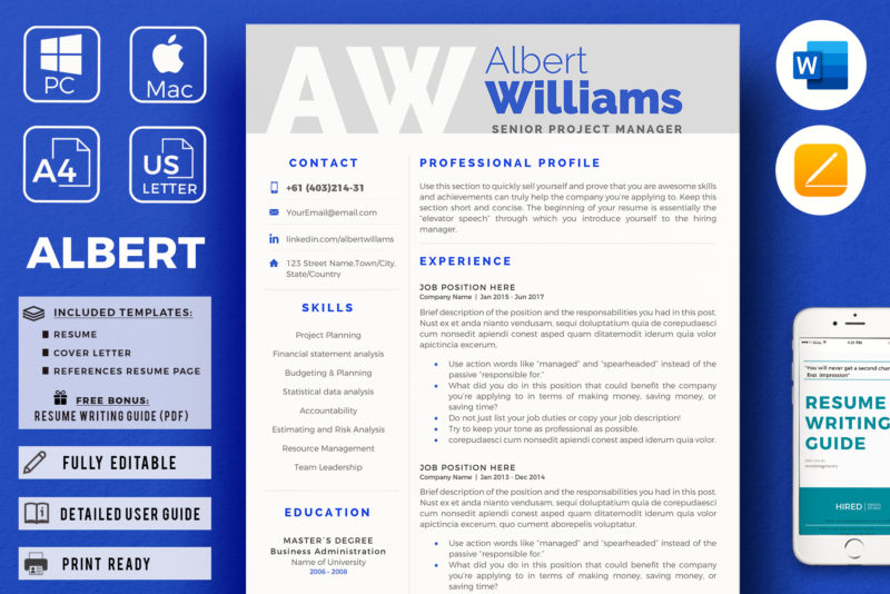 Three Page Resume Sample. Project Manager Modern CV Template - Graphicfy