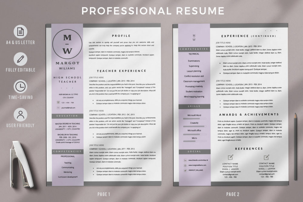Resume for Educator. Modern Teacher Resume with Cover Letter - Graphicfy
