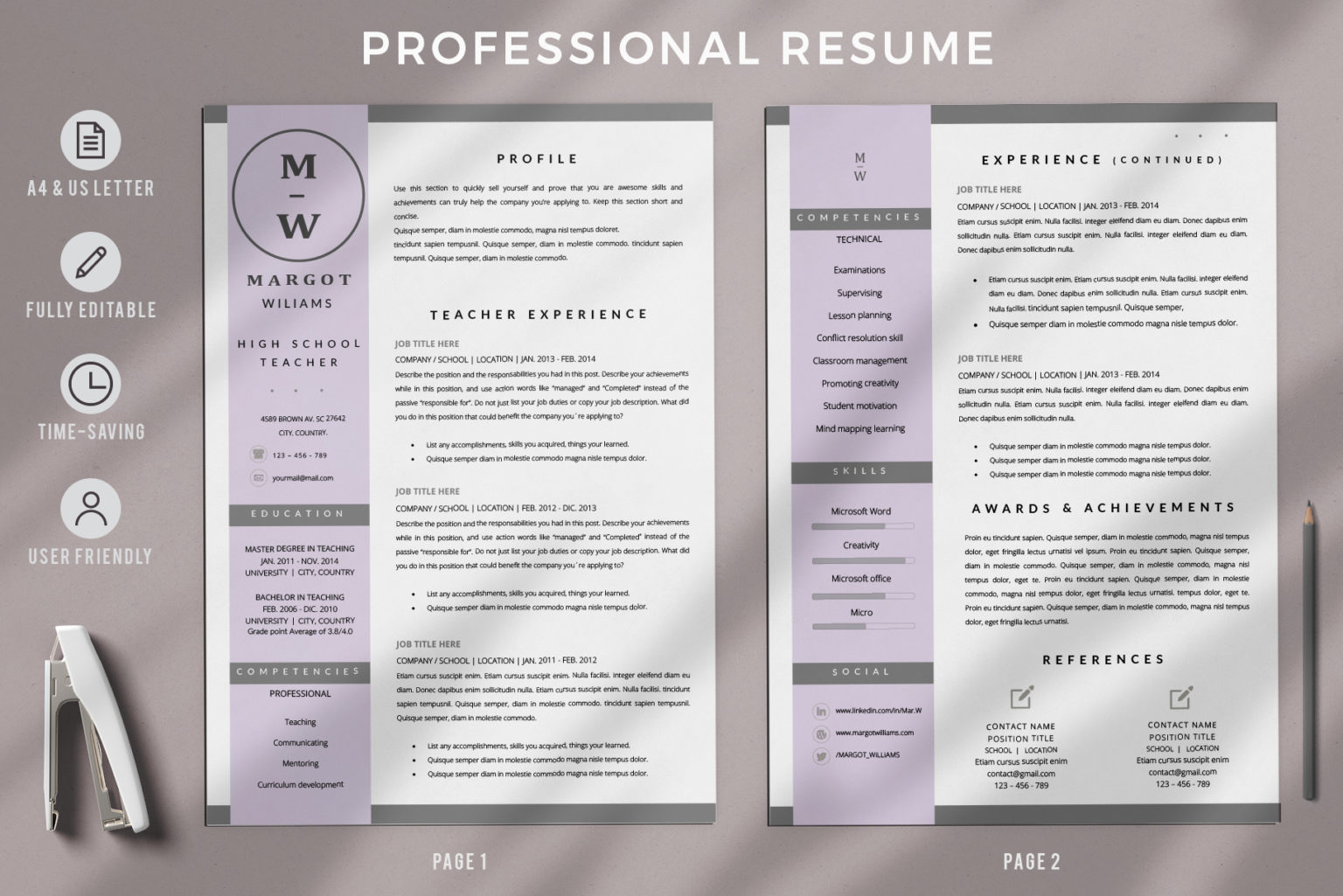 Resume for Educator. Modern Teacher Resume with Cover Letter - Graphicfy