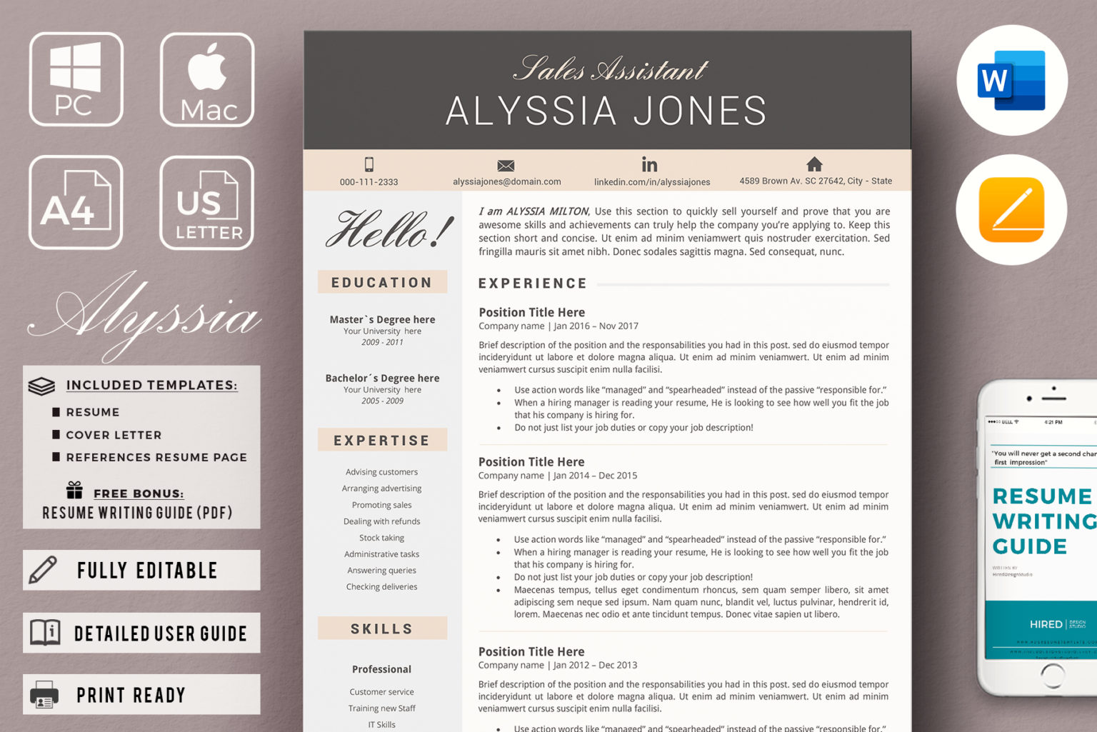 Sales Assistant Modern Resume Format for MS Word & Mac Pages - Graphicfy