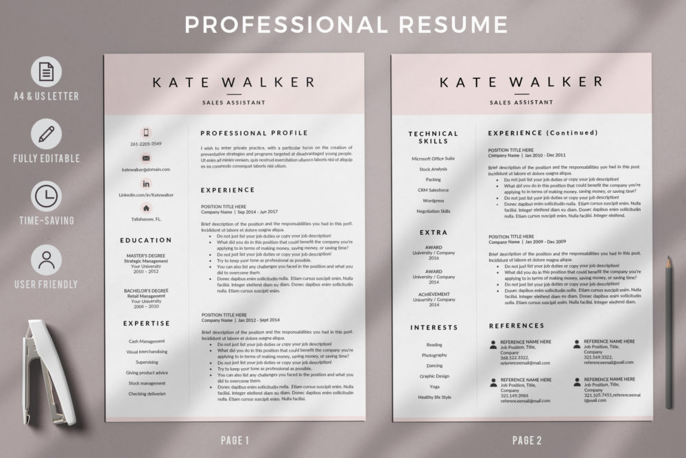 Professional Resume Template. 3 Page Resume. Example of CV - Graphicfy