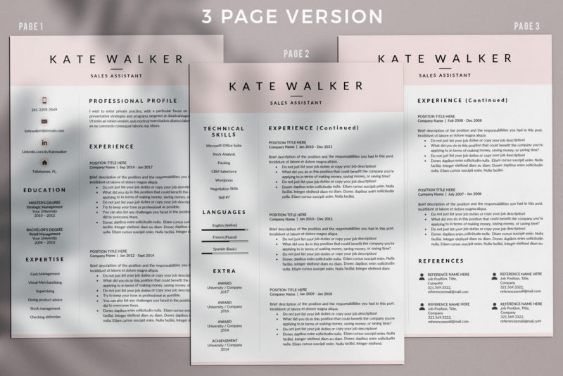 Professional Resume Template. 3 Page Resume. Example of CV - Graphicfy
