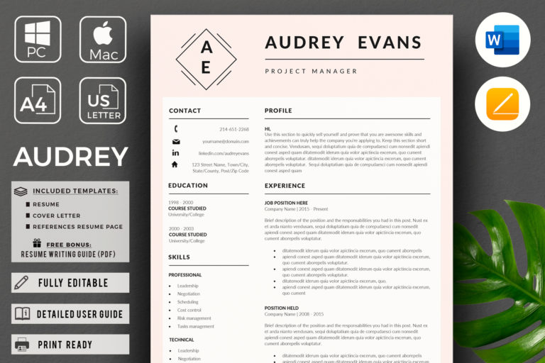 Project Manager CV. 1, 2, and 3 Page Resume Design for Word - Graphicfy