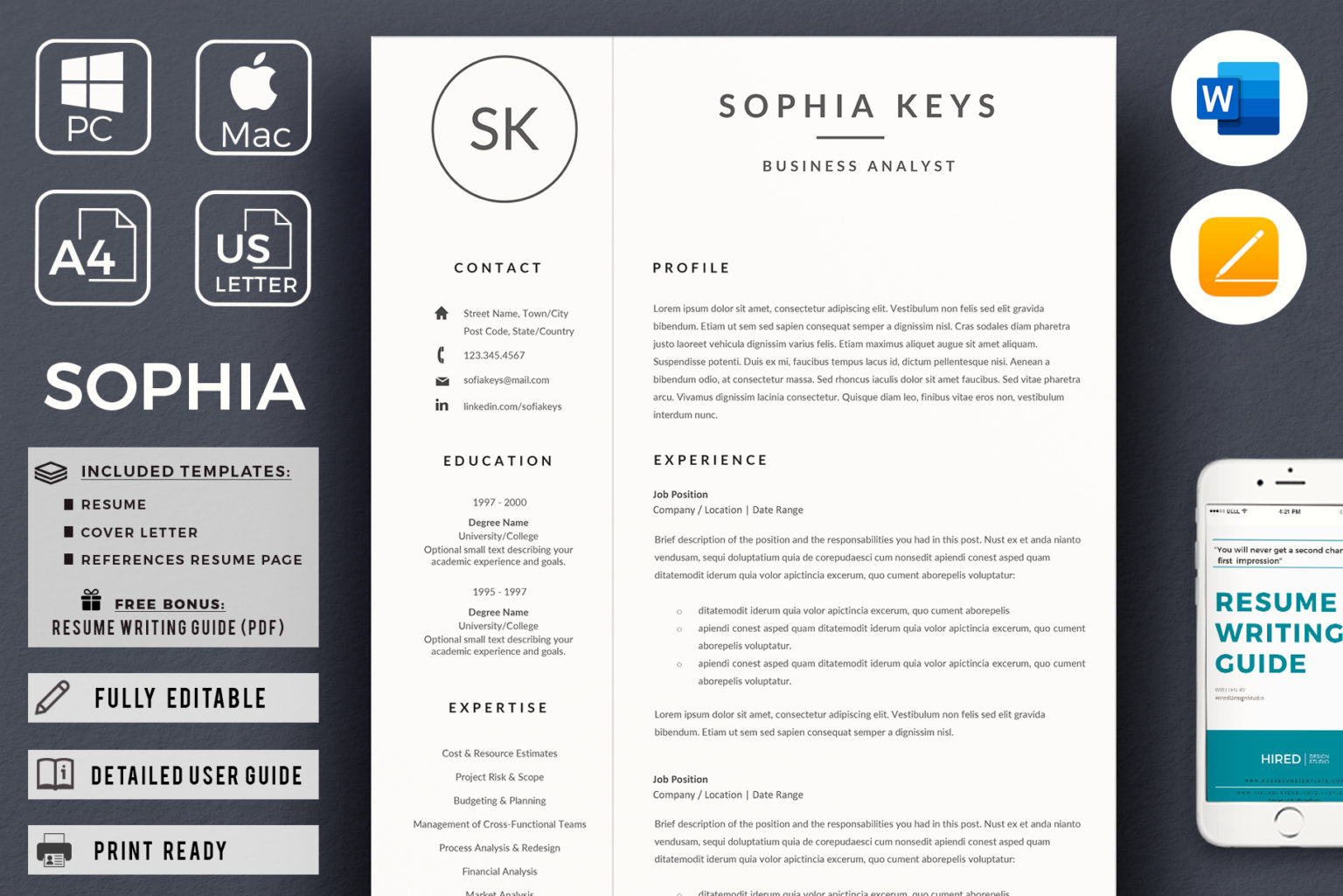 Minimalist CV with Logo. US Letter & A4 size Resume for Word - Graphicfy
