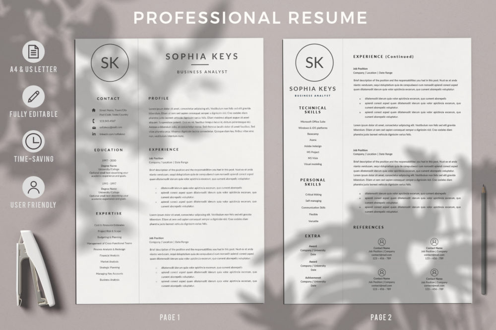 Minimalist CV with Logo. US Letter & A4 size Resume for Word - Graphicfy