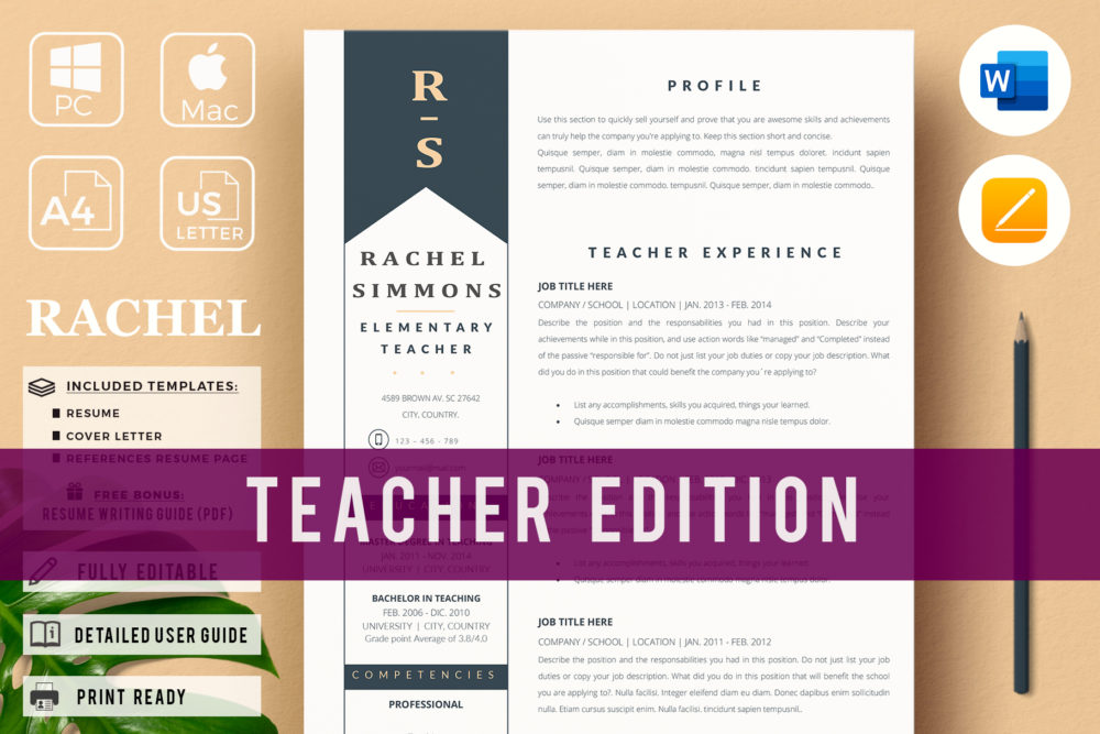 Elementary Teacher Resume. Teacher CV Format & Cover Letter - Graphicfy