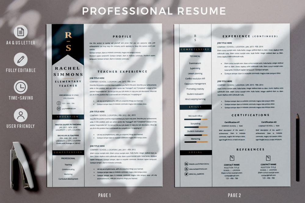 Elementary Teacher Resume. Teacher CV Format & Cover Letter - Graphicfy