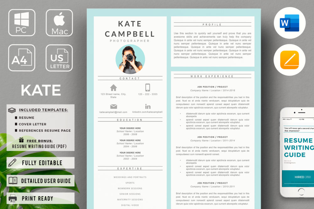Professional Resume Template. 3 Page Resume. Example of CV - Graphicfy
