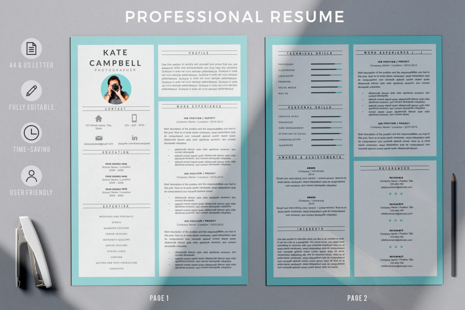 Modern & Creative Photographer Resume with Free Cover Letter - Graphicfy