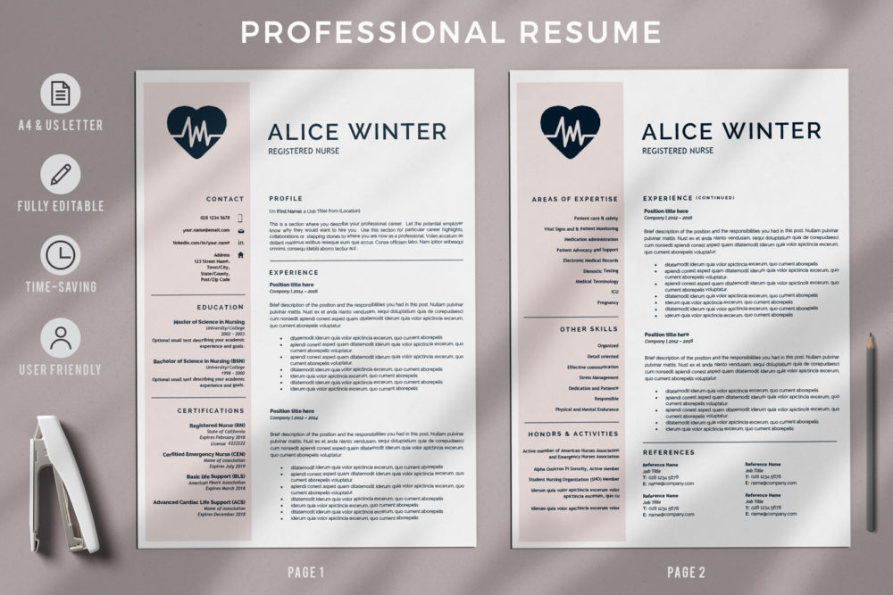 Nurse Resume Template for Word and Pages. Medical Resume - Graphicfy