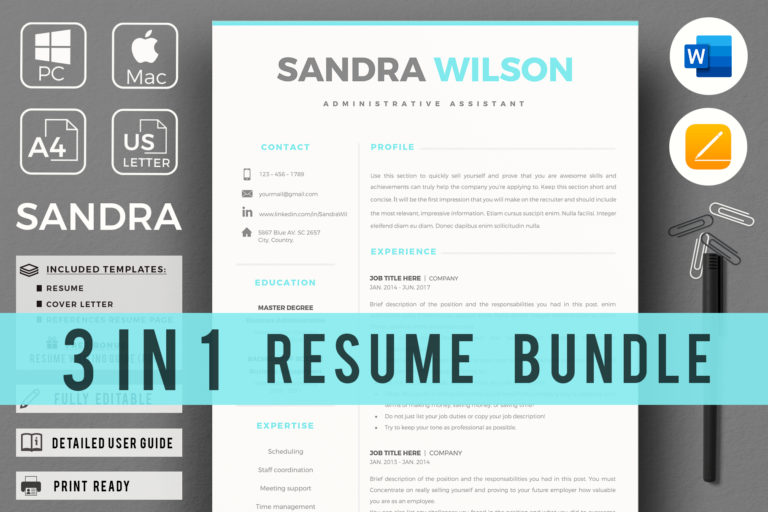 Administrative Assistant Resume Format Bundle. Word CV Pack - Graphicfy