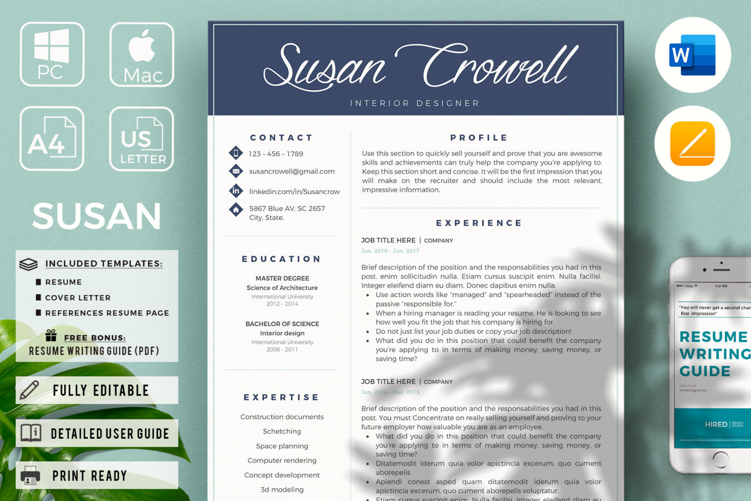 Interior Designer Resume Format. Modern CV Template for Word - Graphicfy