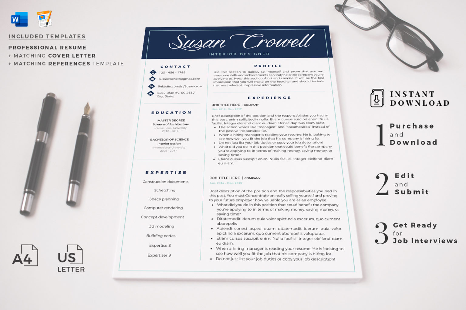 Interior Designer Resume Format. Modern CV Template for Word - Graphicfy