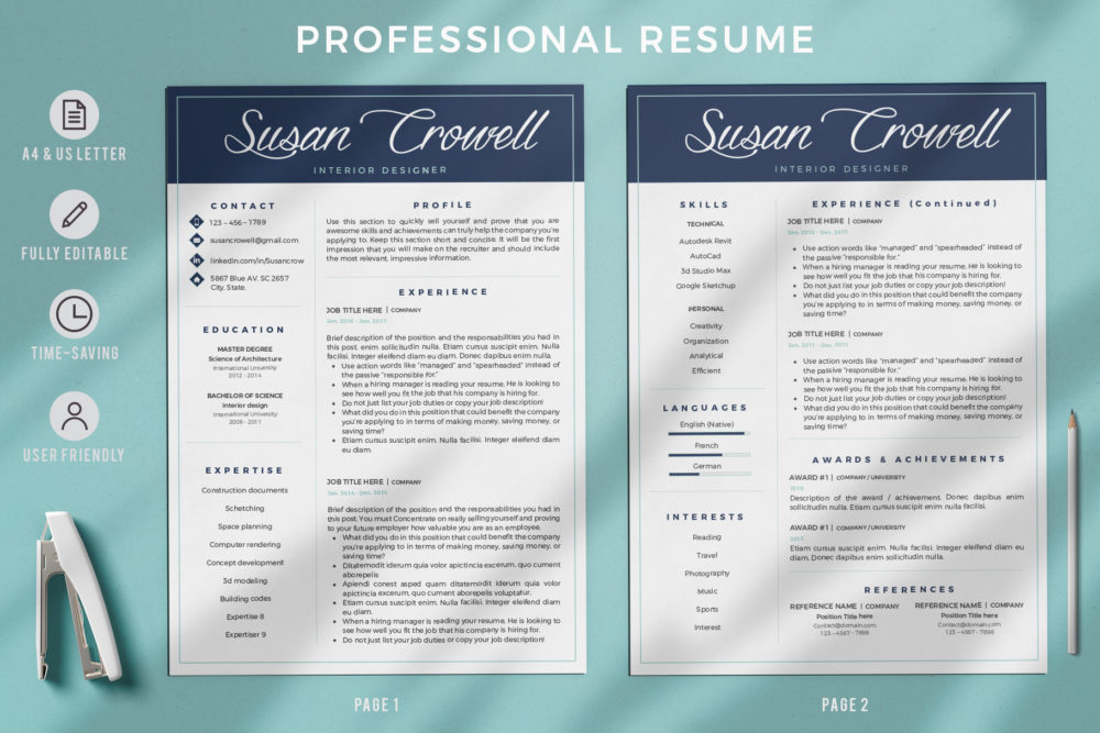 Interior Designer Resume Format. Modern CV Template for Word - Graphicfy