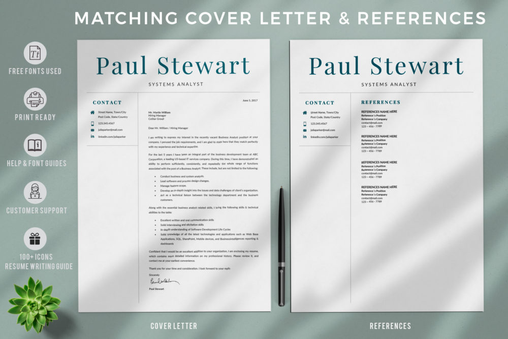 Professional CV Resume with Cover Letter & References Sheet - Graphicfy