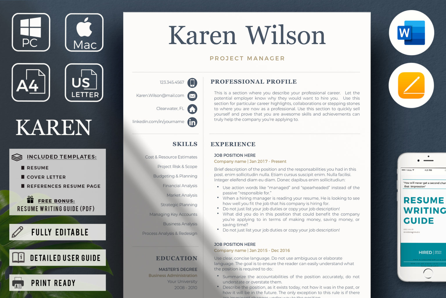 Professional Resume Template. 3 Page Resume. Example of CV - Graphicfy