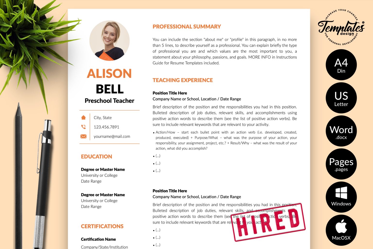 Teacher Resume Template for Microsoft Word & Apple Pages - Graphicfy