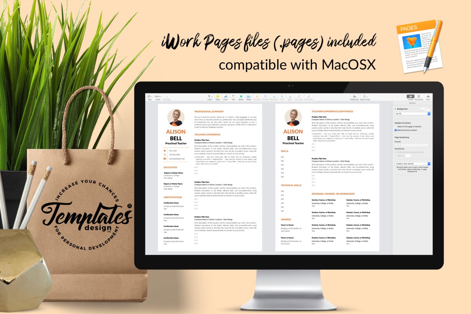 Teacher Resume Template for Microsoft Word & Apple Pages - Graphicfy