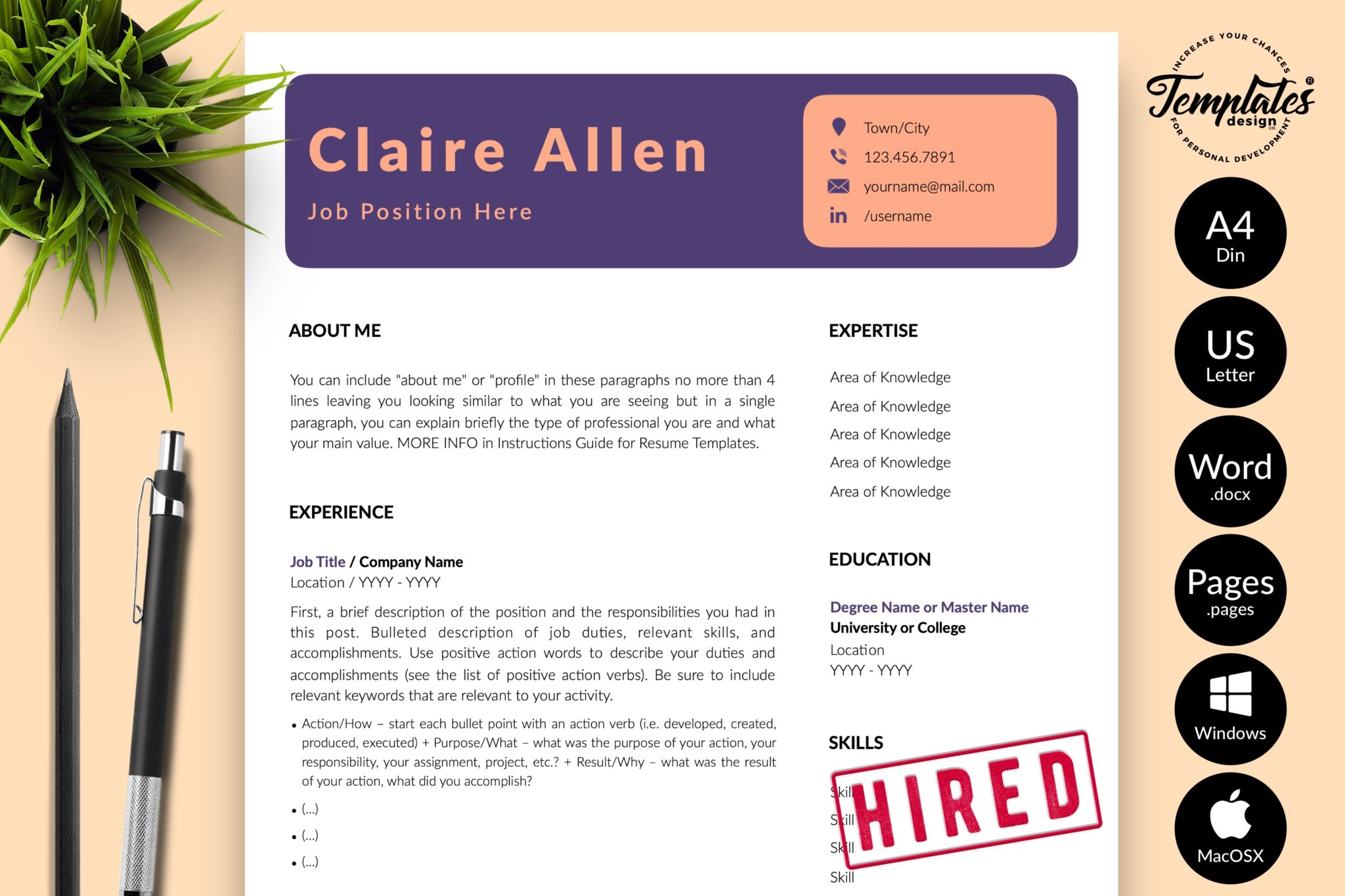 Modern CV Layout for a Job for Microsoft Word & Apple Pages - Graphicfy