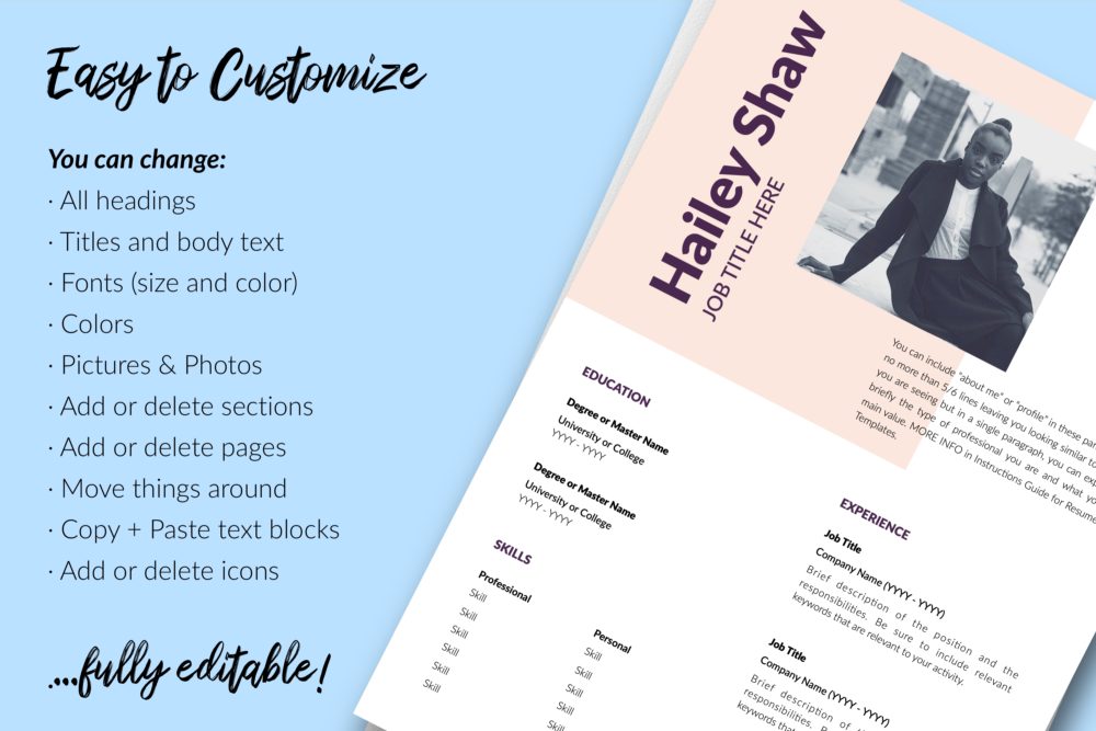 Feminine Resume Template for Microsoft Word & Apple Pages - Graphicfy