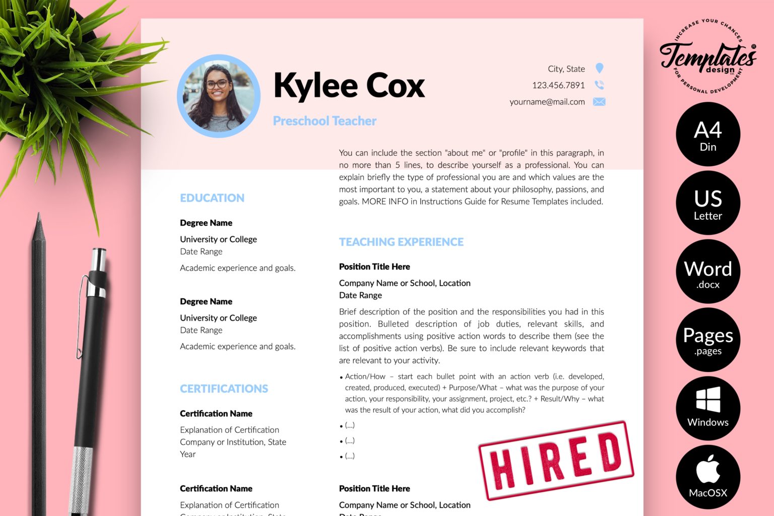 Beautiful CV for Teachers for Microsoft Word & Apple Pages - Graphicfy