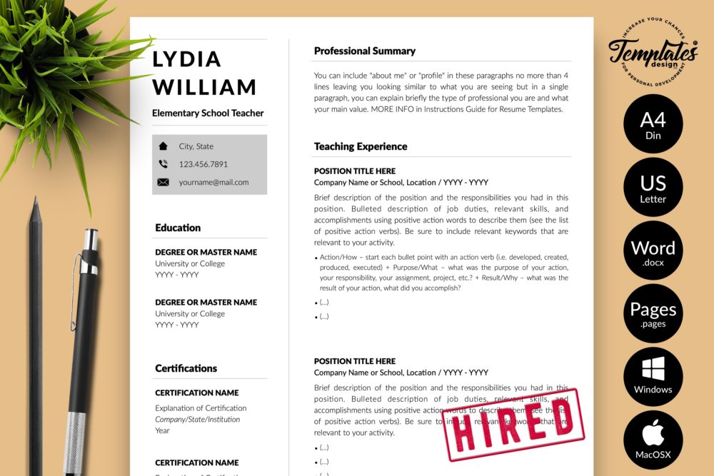Professional Teacher Resume for Microsoft Word & Apple Pages - Graphicfy