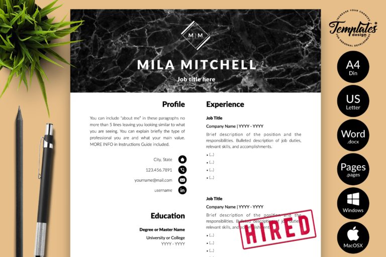Black Marble Resume Design for Microsoft Word & Apple Pages - Graphicfy