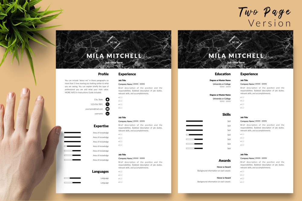 Black Marble Resume Design for Microsoft Word & Apple Pages - Graphicfy