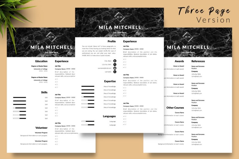 Black Marble Resume Design for Microsoft Word & Apple Pages - Graphicfy