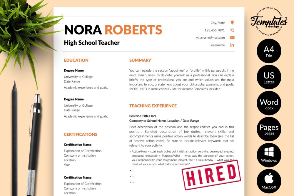 Teacher CV Template for Microsoft Word & Apple Pages - Graphicfy