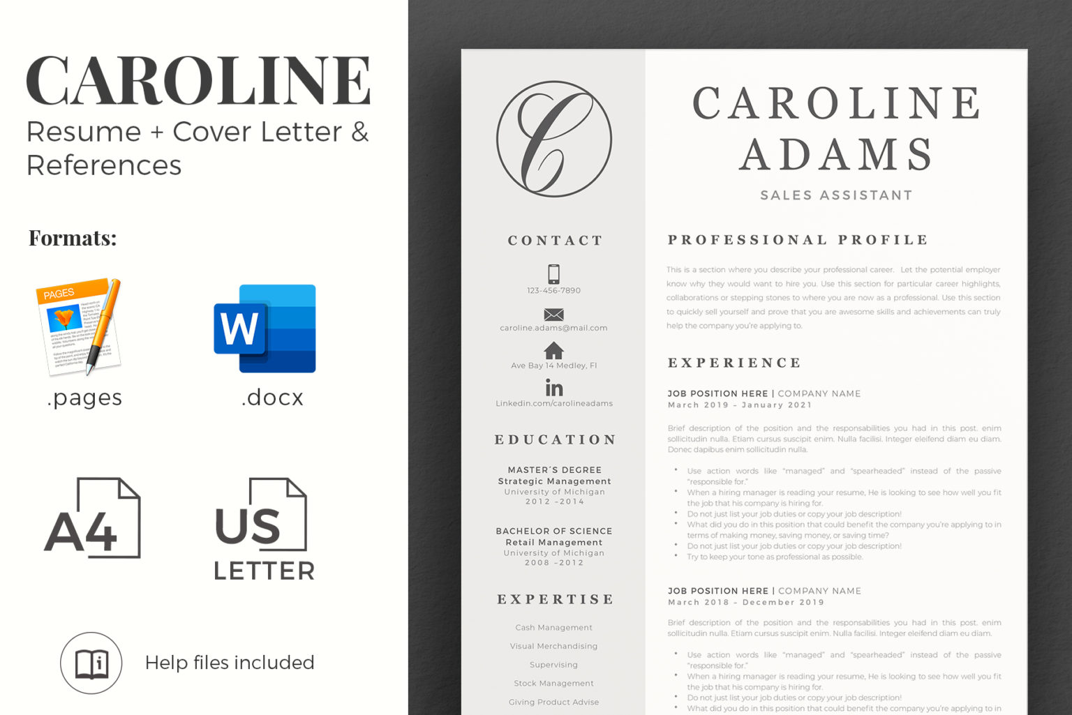 Creative Sales Assistant Resume, CV Template for Microsoft Word and Mac ...